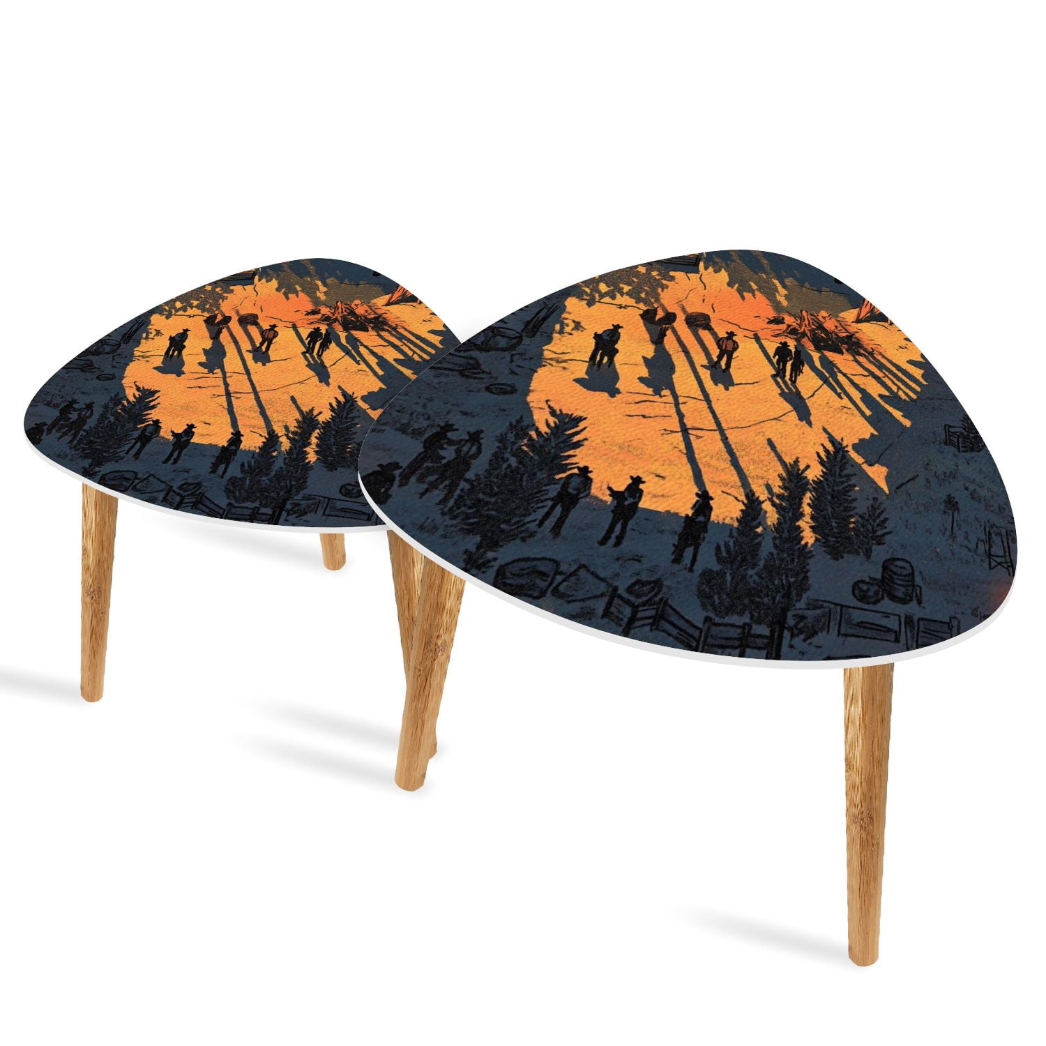 Triangle End Tables Set of 2 Cowboy Camaraderie Campfire Sunset ...