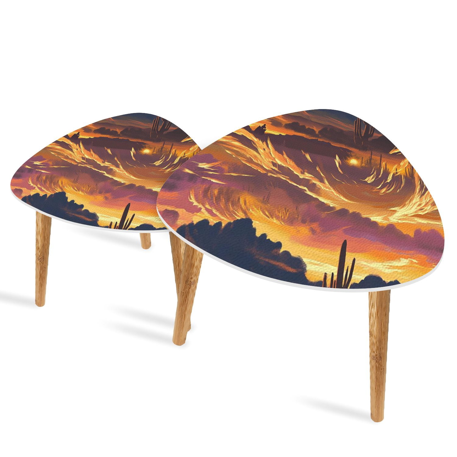 Triangle End Tables Set of 2 Cowboy Riding into Sunset Nostalgic Desert ...