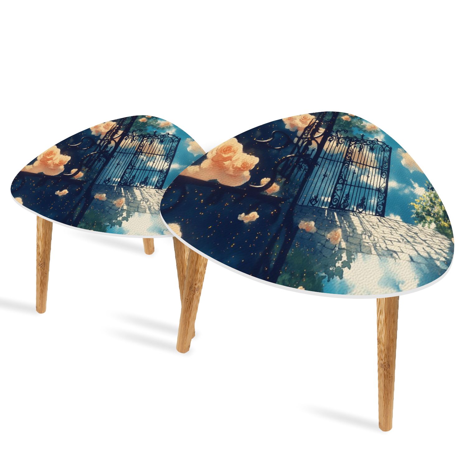 Triangle End Tables Set of 2 Crescent Floral Scene Gold Glitter ...