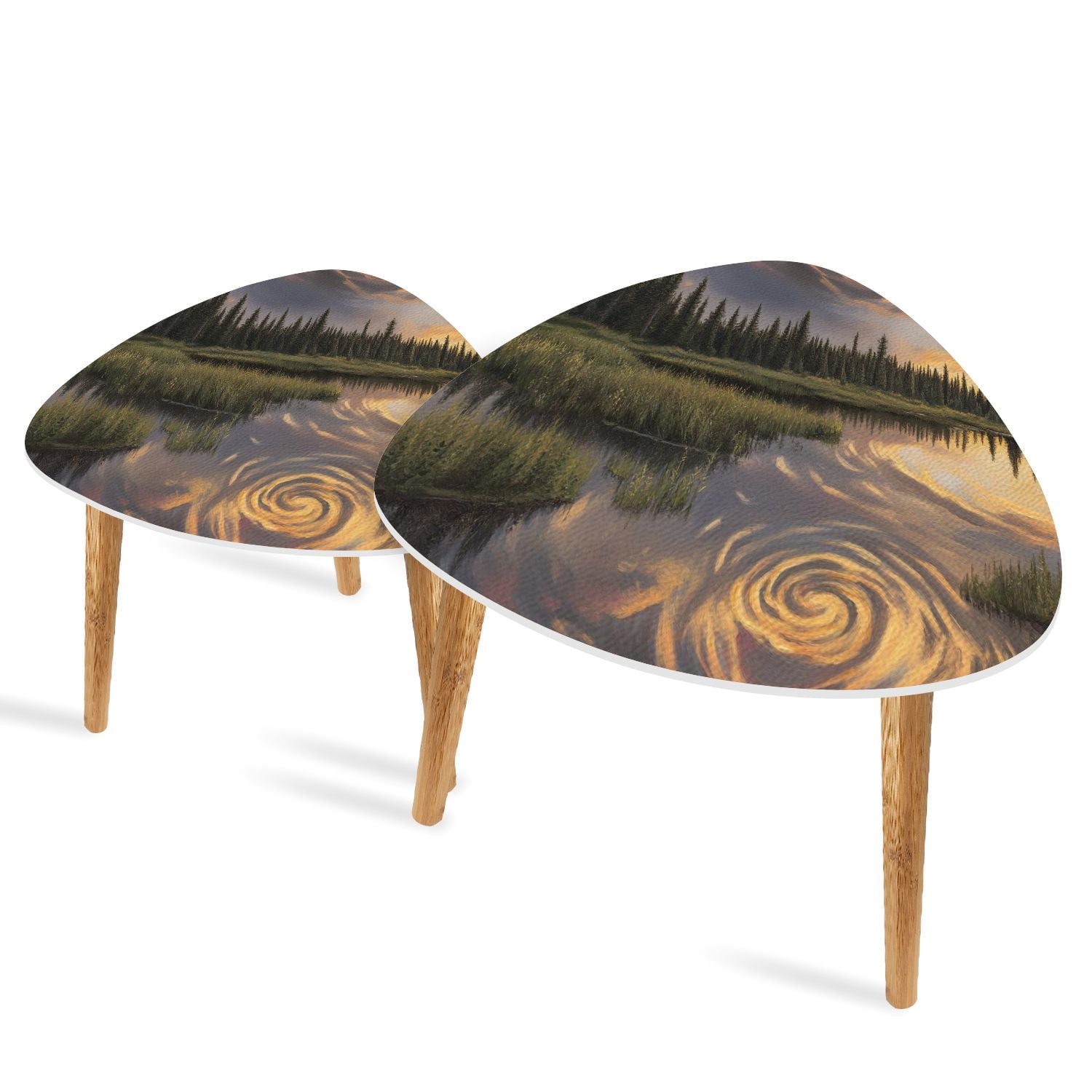 Triangle End Tables Set of 2 Dreamlike Sky Pine Reflection Art Tranquil ...