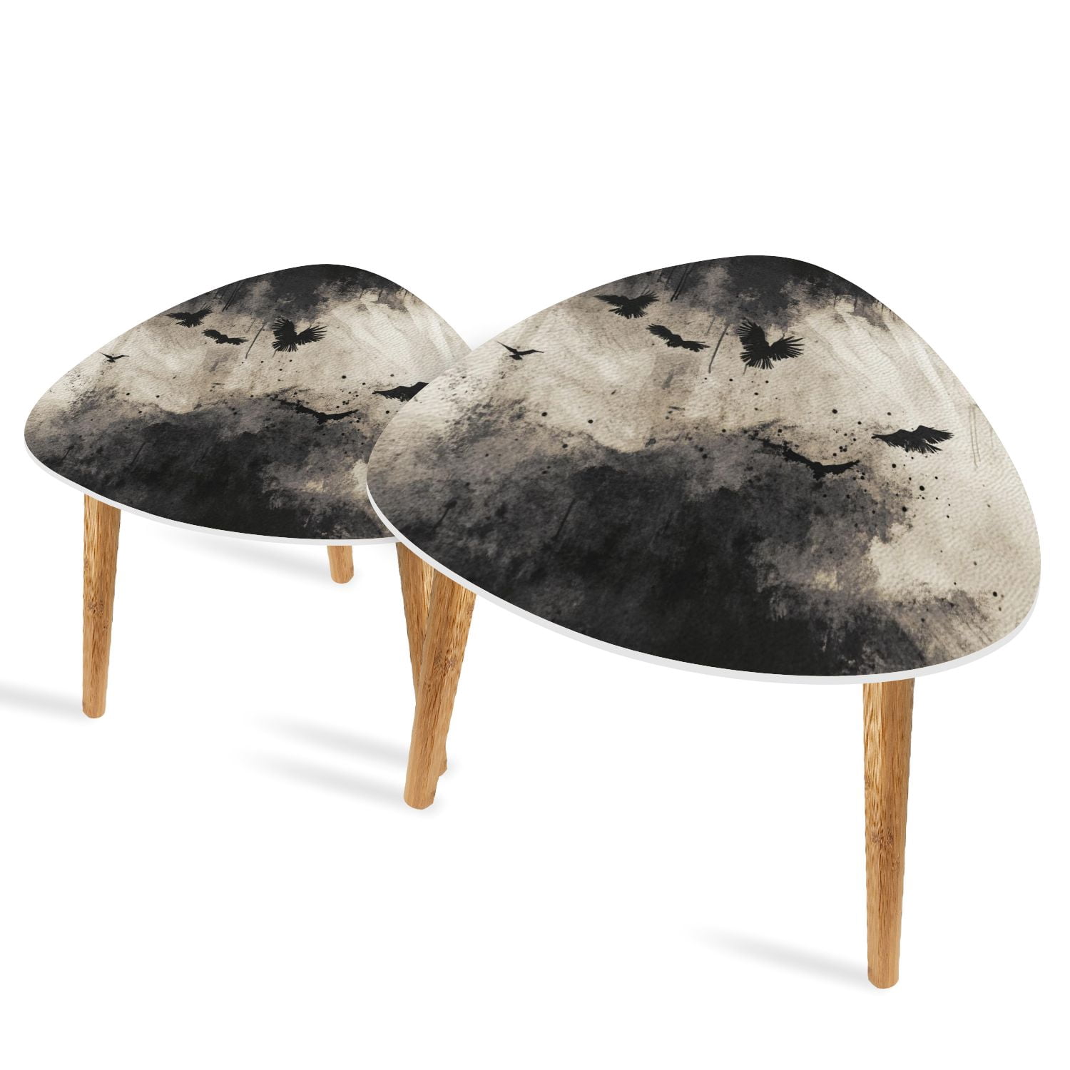 Triangle End Tables Set of 2 Elegant Birds Flight Black White Abstract ...