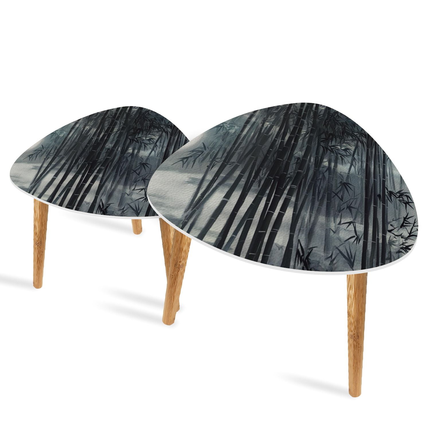 Triangle End Tables Set of 2 Elegant Crane Bamboo Ink Wash Art Small ...
