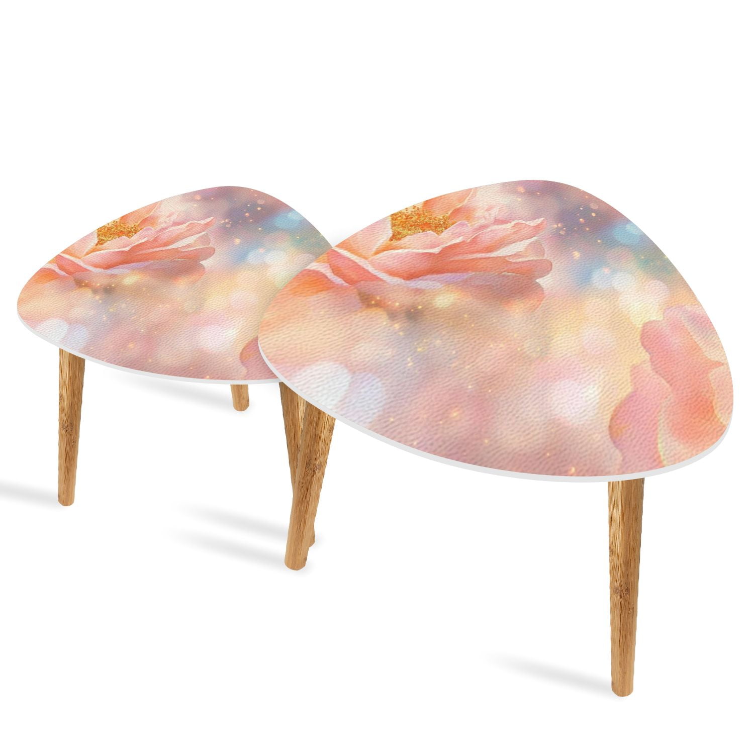 Triangle End Tables Set of 2 Elegant Rose Painting Gold Highlights Soft ...