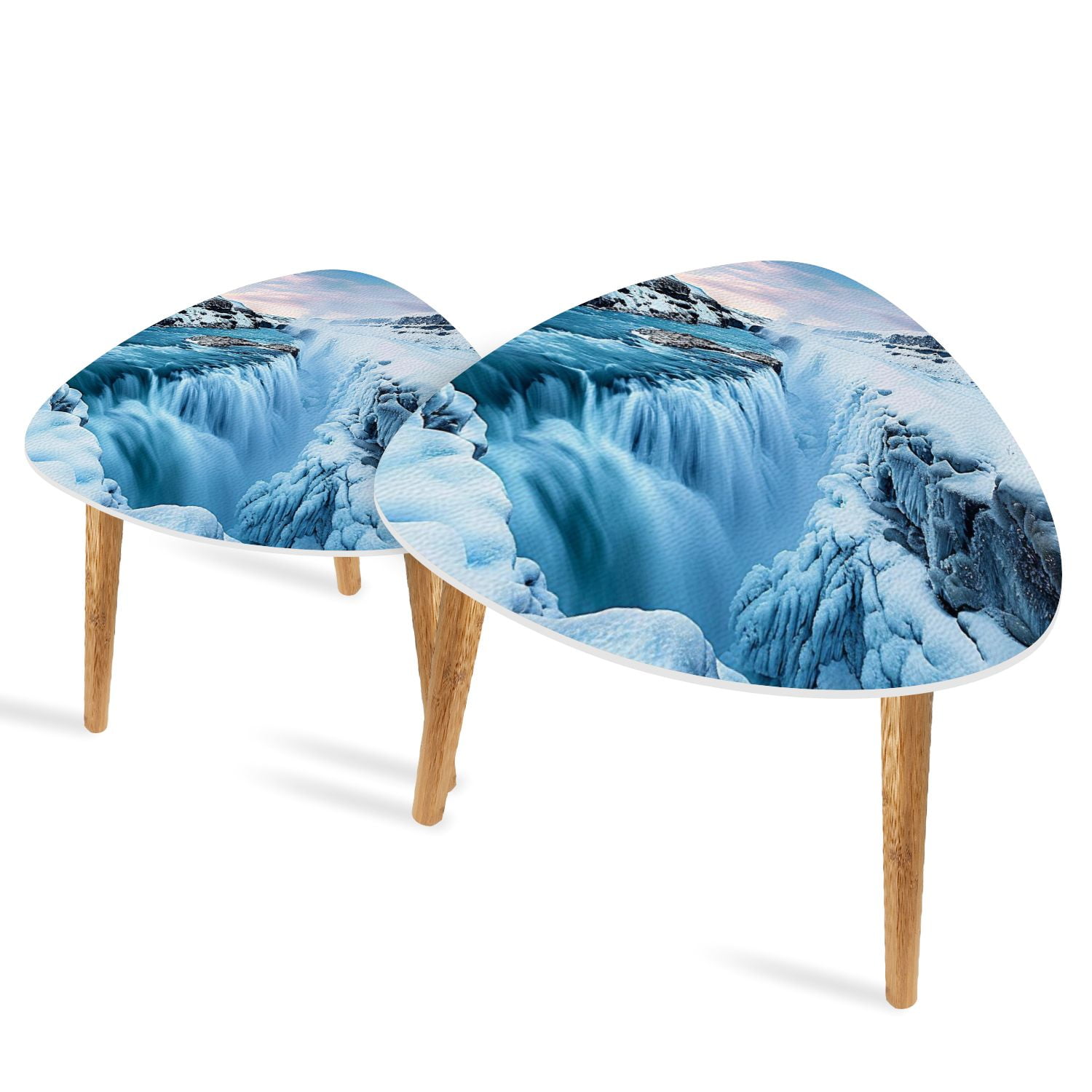 Triangle End Tables Set of 2 Frozen Gullfoss Falls Iceland winter sunset Small Coffee Table, Tea ...