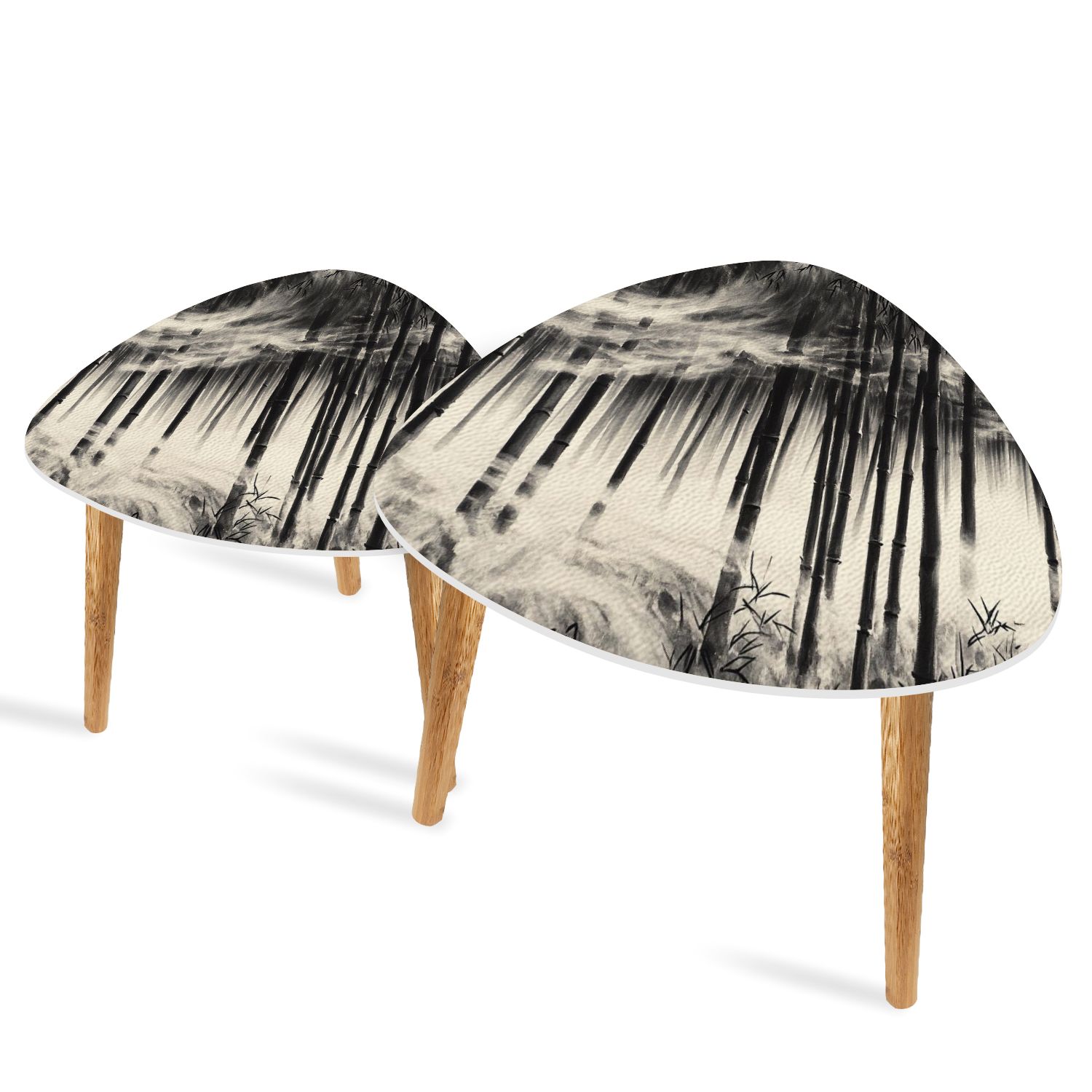 Triangle End Tables Set of 2 Full Moon Bamboo Art Monochrome Elegance ...