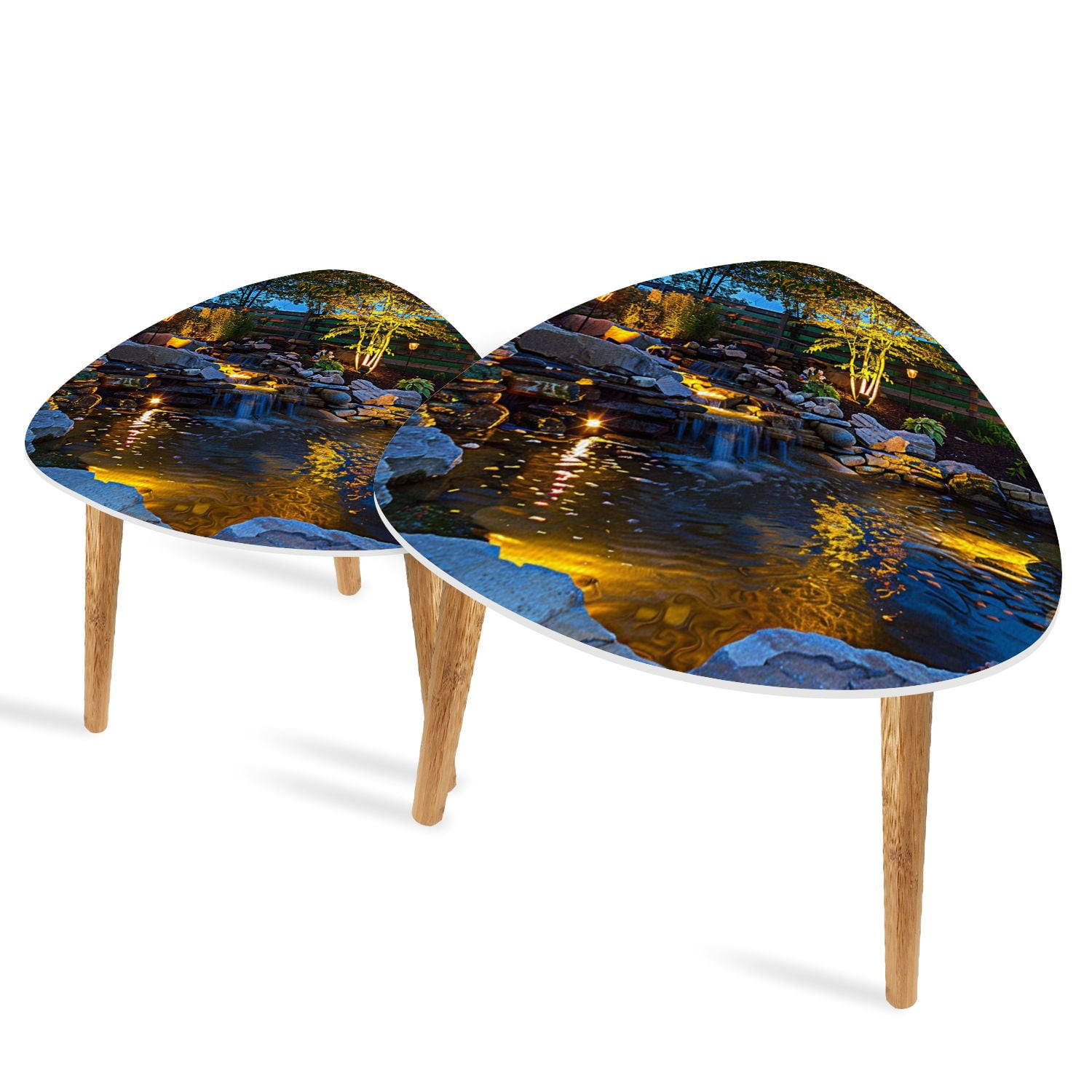 Triangle End Tables Set of 2 Garden pond Small Coffee Table, Tea Table ...