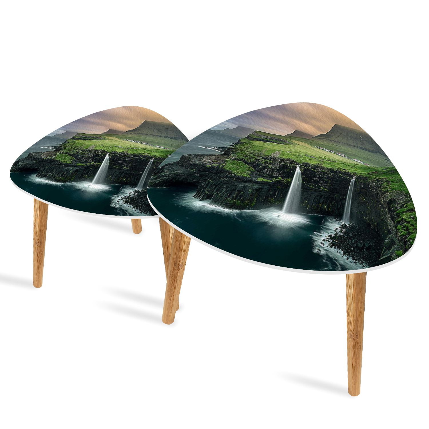 Triangle End Tables Set of 2 Gasadalur village its waterfall Faroe ...