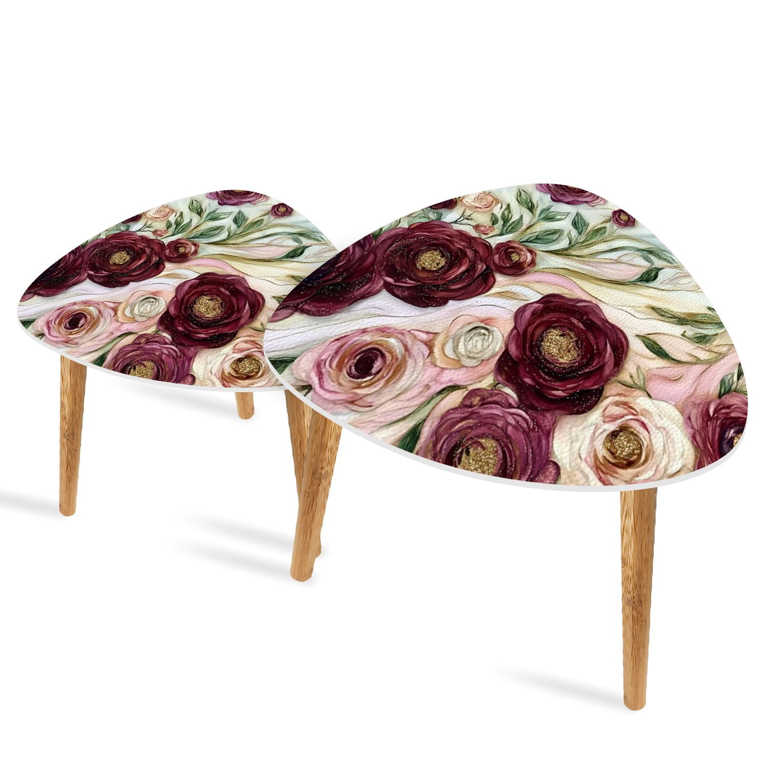 Triangle End Tables Set of 2 Gold Flecked Roses Watercolor Breeze Small ...