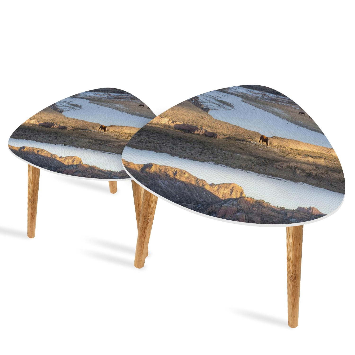 Triangle End Tables Set of 2 Golden Sunset Over Mountains River Scenic ...