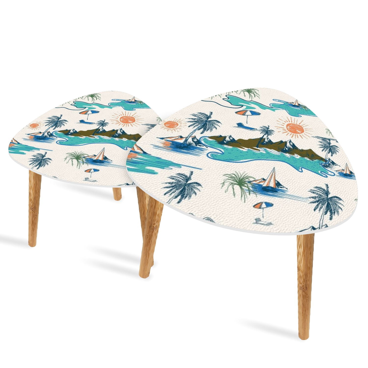 Triangle End Tables Set of 2 Hand drawn summer island palm tree ocean ...
