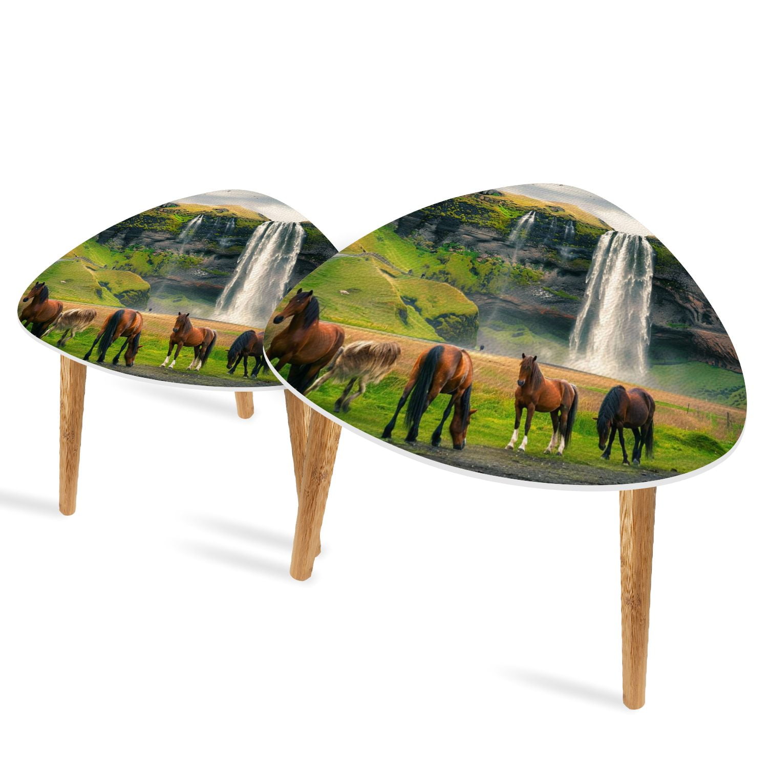 Triangle End Tables Set of 2 Icelandic horses Seljalandsfoss waterfall ...