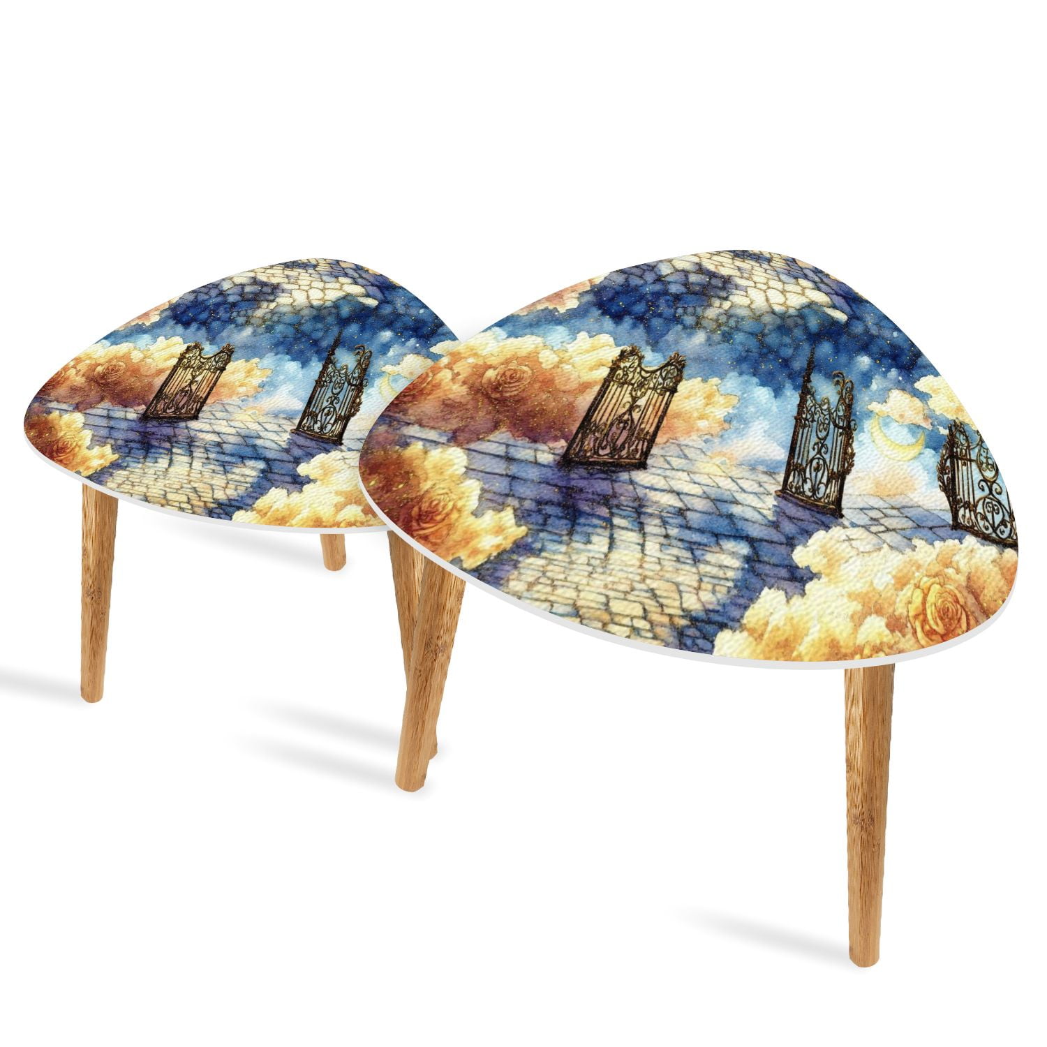 Triangle End Tables Set of 2 Intricate Rose Garden Art Cobblestone ...