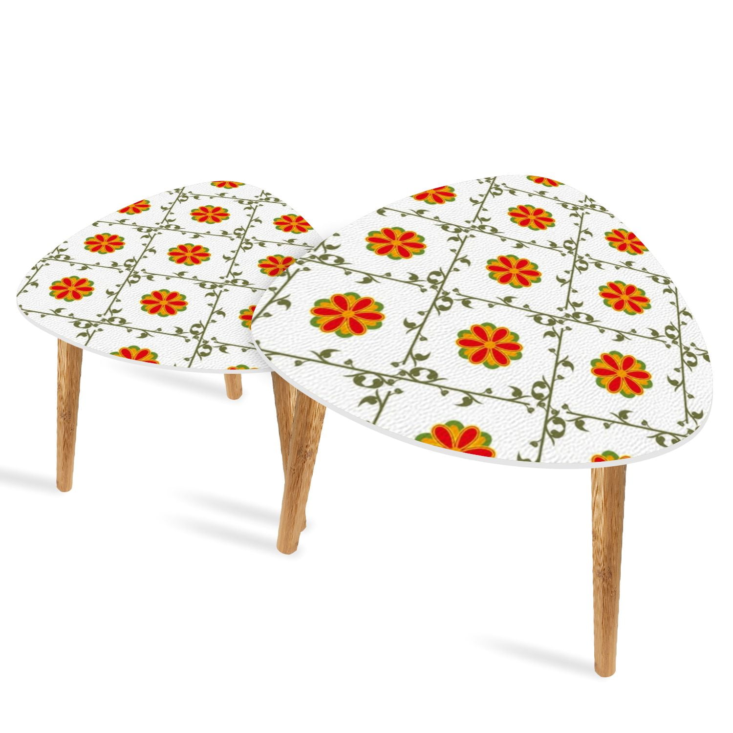 Triangle End Tables Set of 2 Leaves red orange flowers white geometric ...