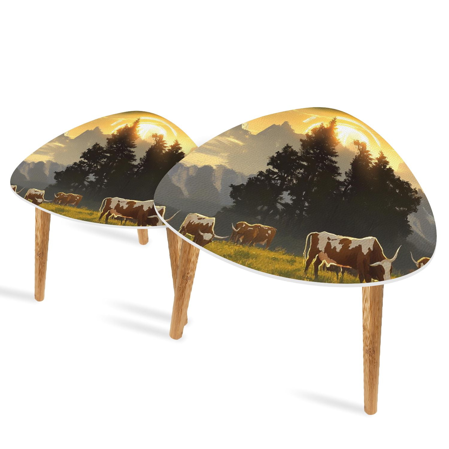 Triangle End Tables Set of 2 Longhorn Cattle Golden Dawn Illustration ...