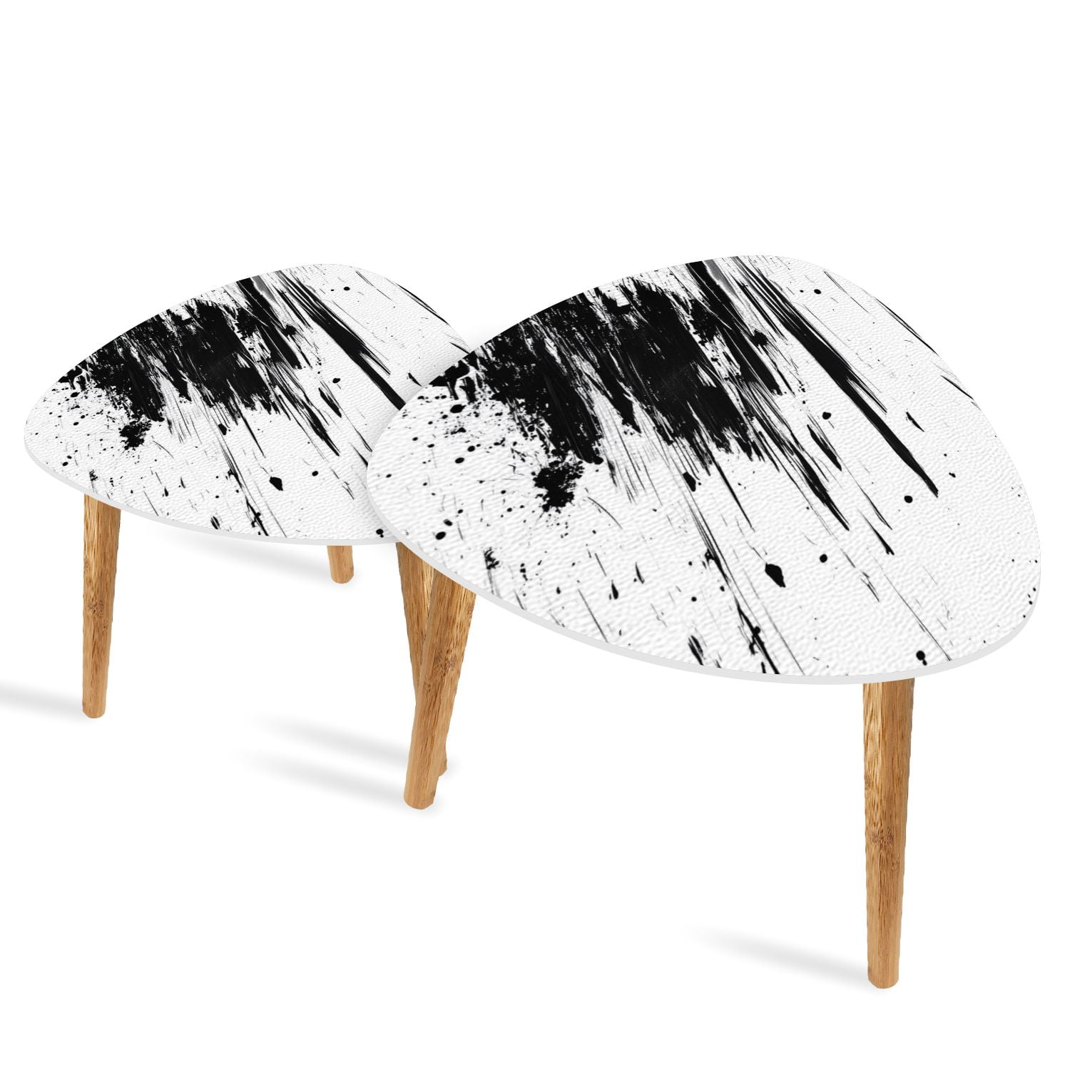 Triangle End Tables Set of 2 Minimalist Black White Ink Art Chaotic ...