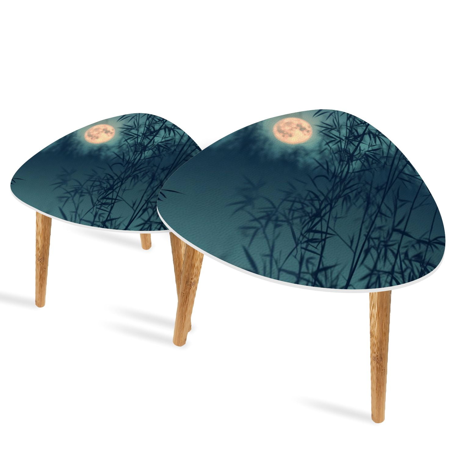 Triangle End Tables Set of 2 Moonlight Bamboo Dynamic Ink Art Scene ...
