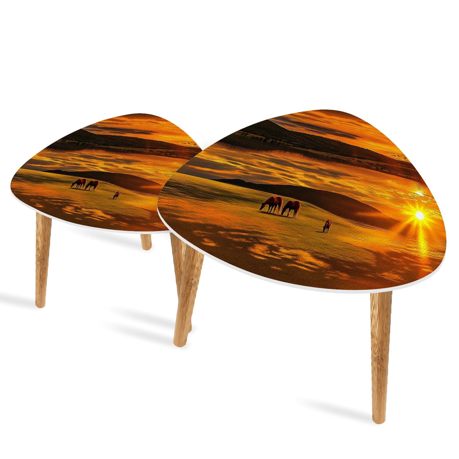 Triangle End Tables Set of 2 Mountains River Dusk Peaceful Scenery ...