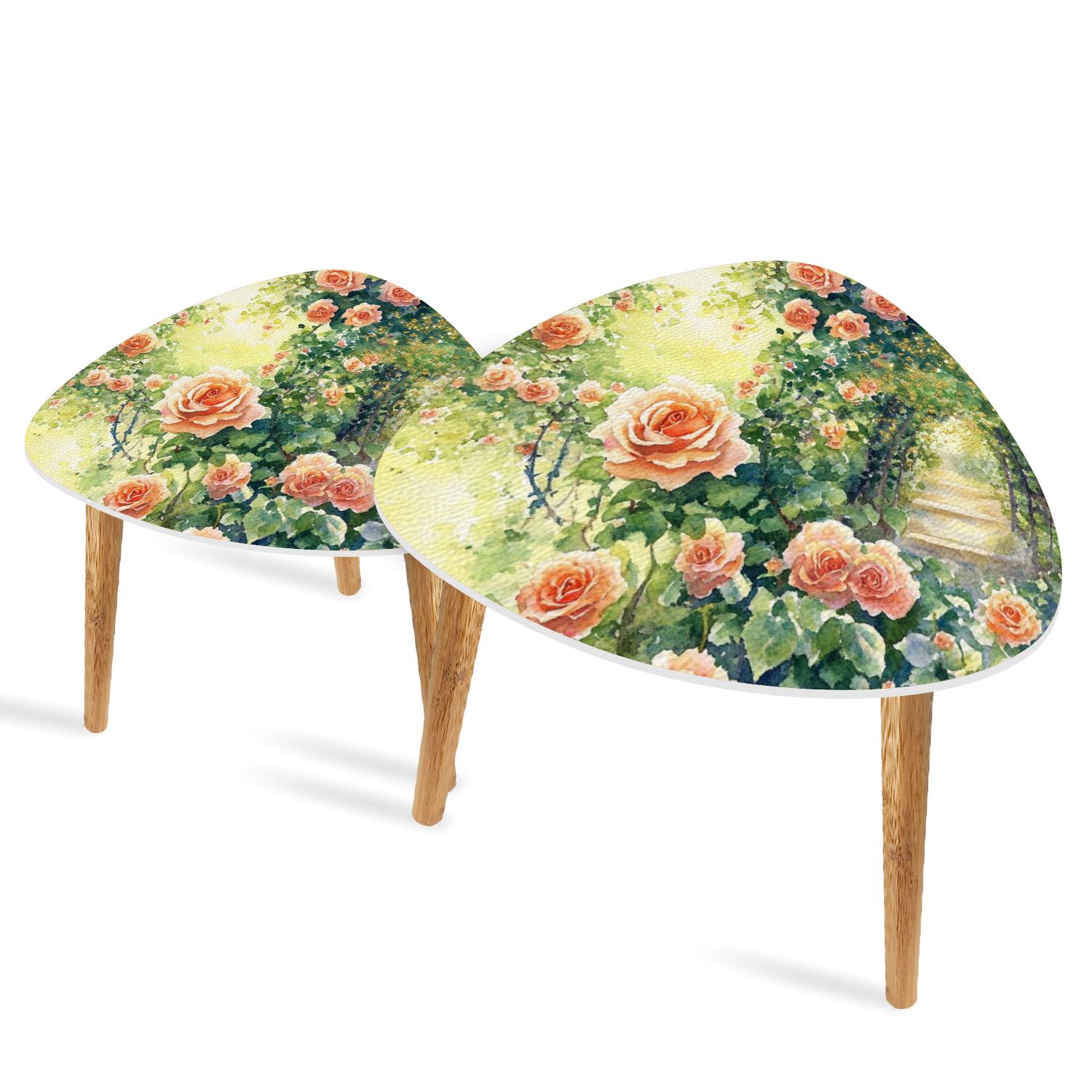 Triangle End Tables Set of 2 Mystical Garden Art Shimmering Roses ...