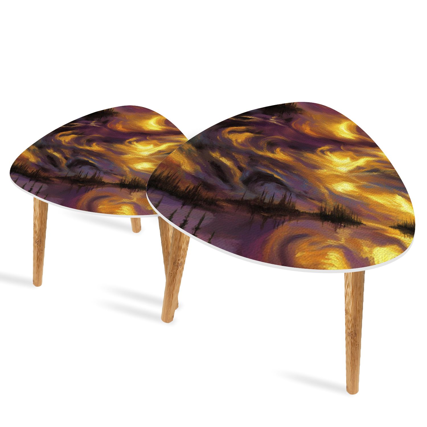 Triangle End Tables Set of 2 Mystical Sunset Landscape Painting ...