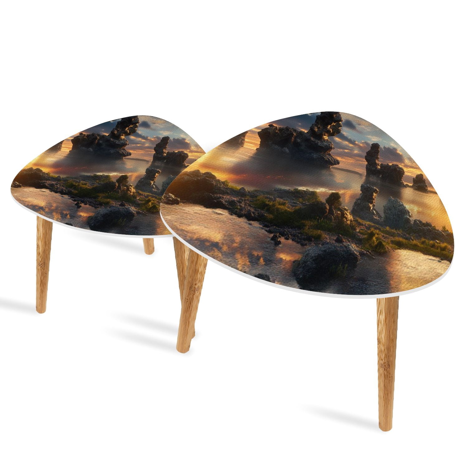 Triangle End Tables Set of 2 Mystical Western Sunset Fiery Sky ...
