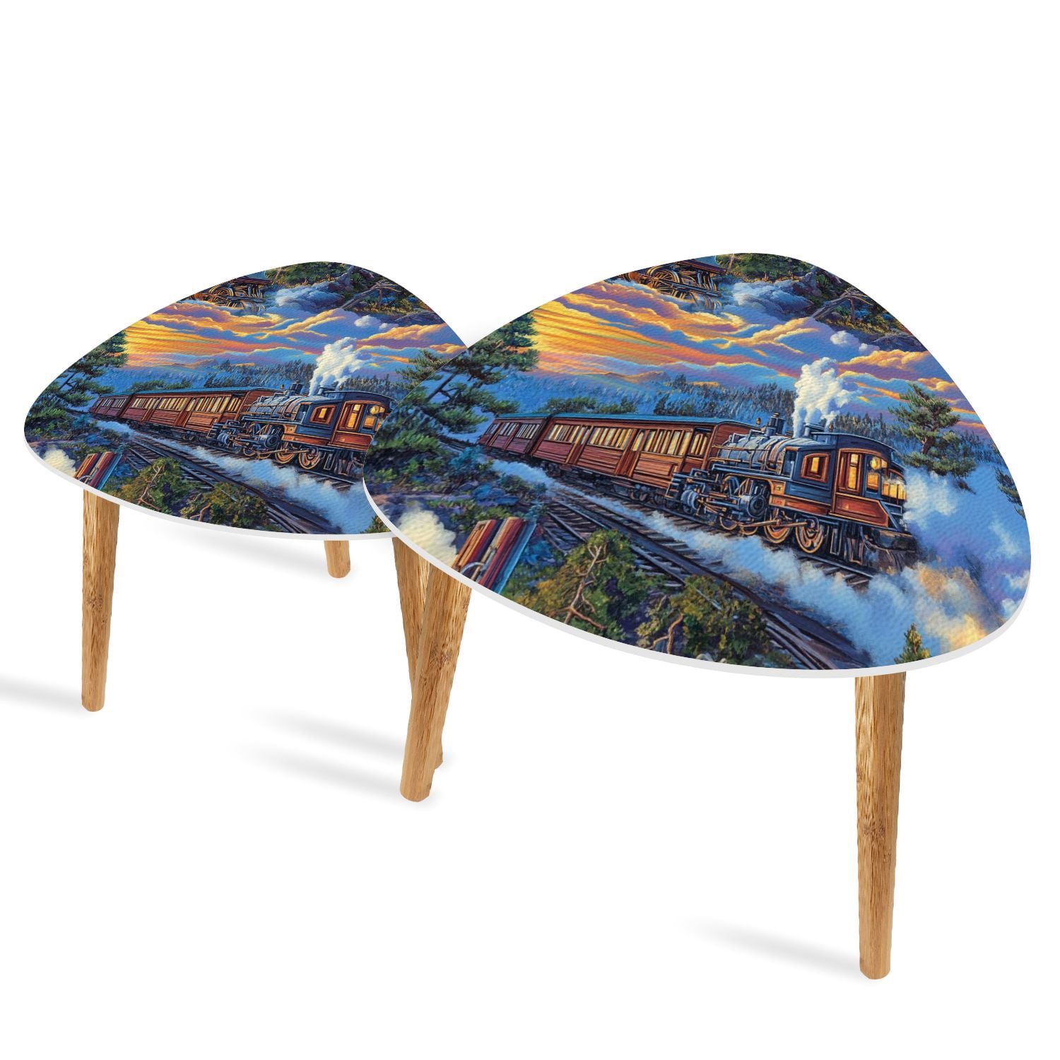 Triangle End Tables Set of 2 Nostalgic Train Wall Art Vibrant Colors ...
