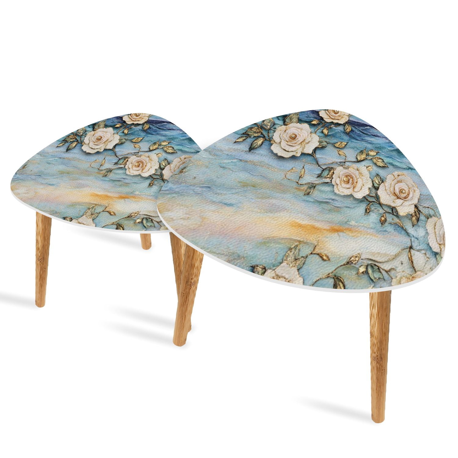 Triangle End Tables Set of 2 Ocean Inspired Watercolor Glittered Roses ...