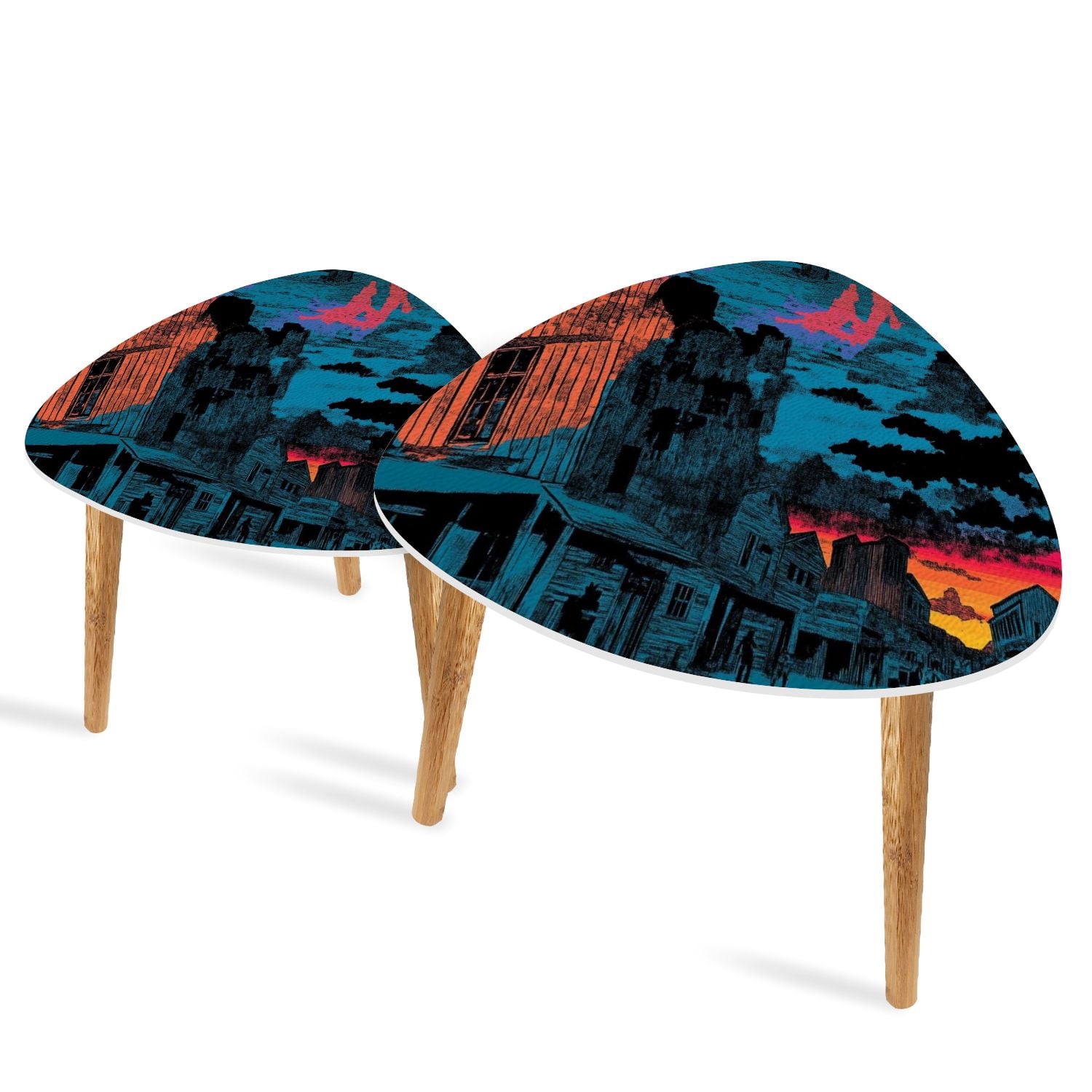 Triangle End Tables Set of 2 Old Western Town Art Vibrant Sunset Scene ...