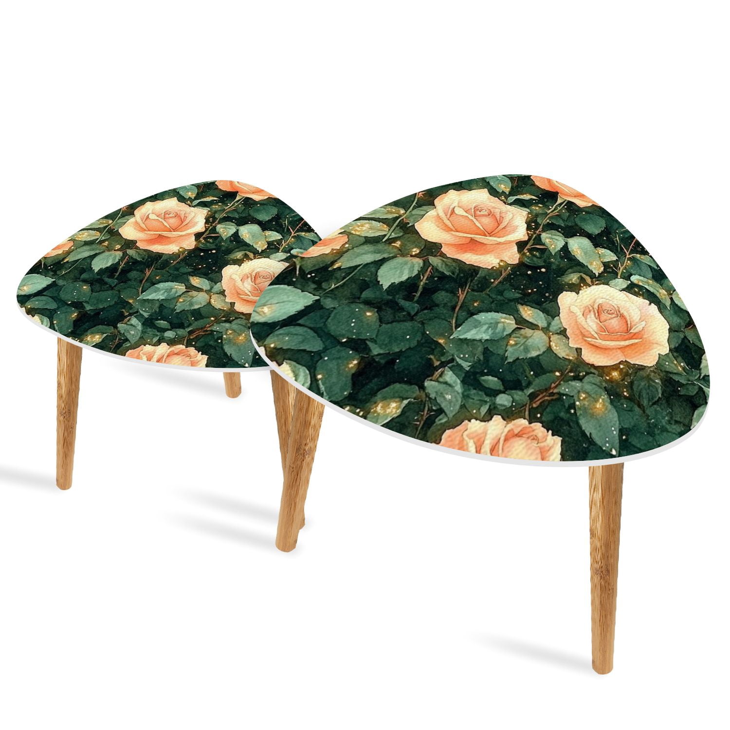 Triangle End Tables Set of 2 Overgrown Secret Garden Art Vintage Roses ...