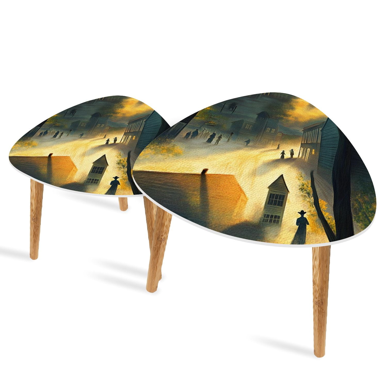 Triangle End Tables Set of 2 Rustic Western Townscape Art Print Sunrise ...