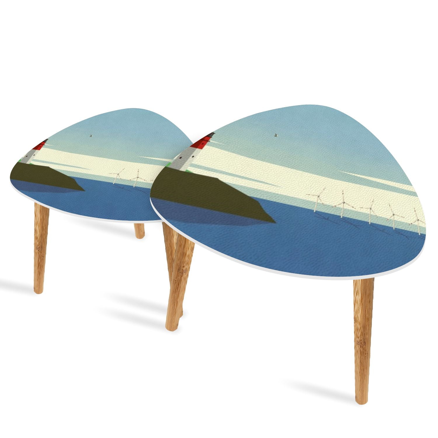 Triangle End Tables Set of 2 Seagulls lighthouse wind turbines tranquil ...