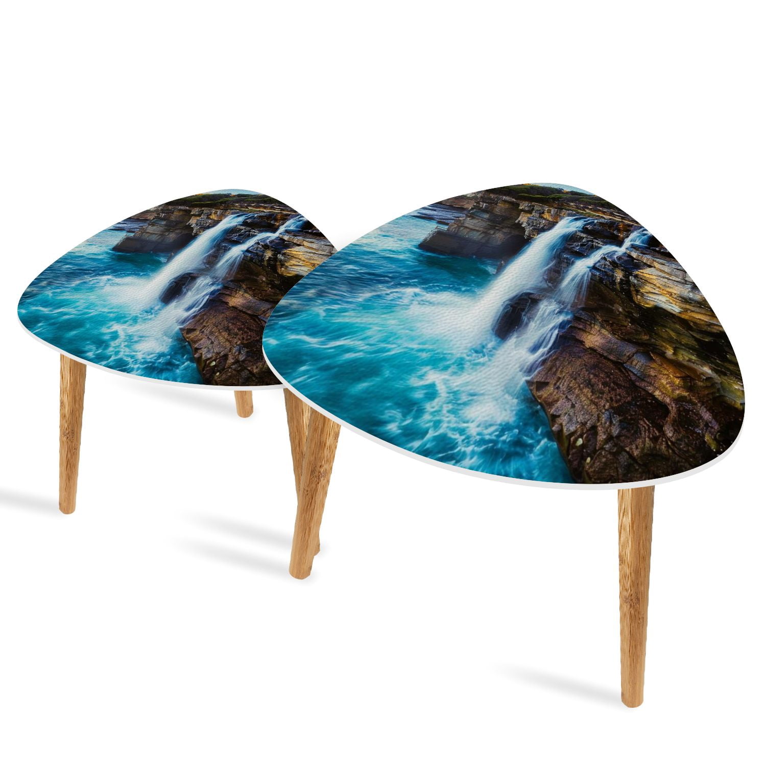 Triangle End Tables Set of 2 Seascape coast cliff waterfalls Royal ...
