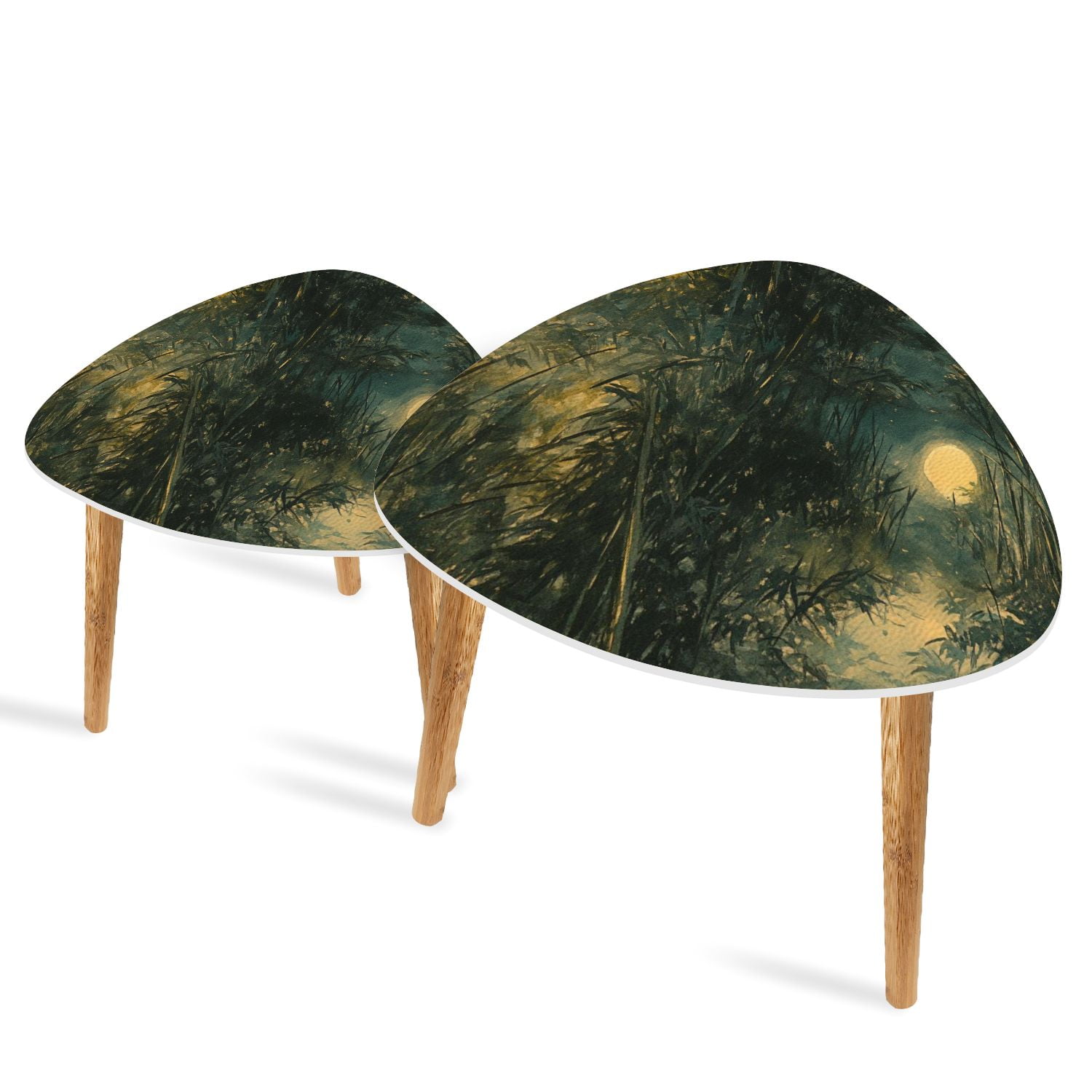 Triangle End Tables Set of 2 Serene Bamboo Forest Under Moon Vibrant ...