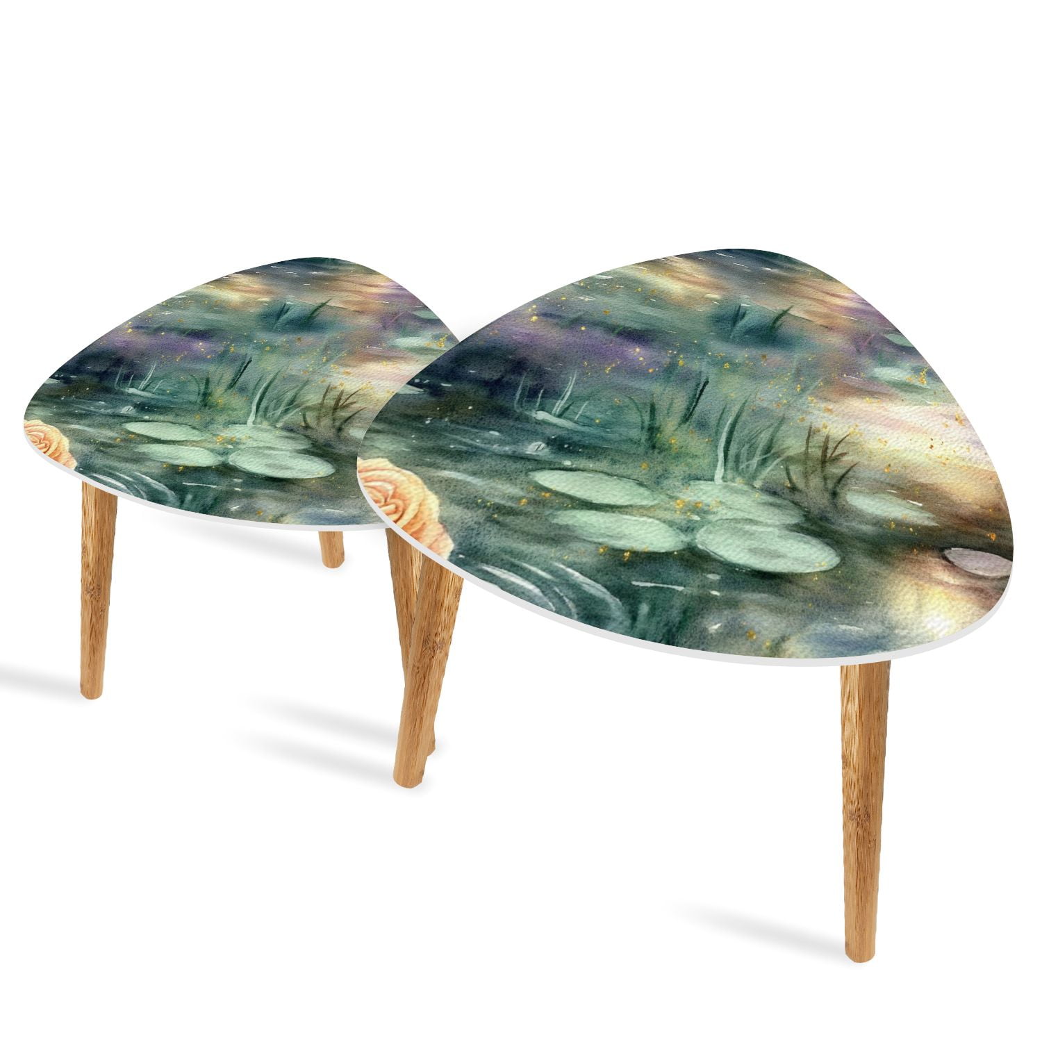 Triangle End Tables Set of 2 Serene Rose Pond Watercolor Scene Glitter ...