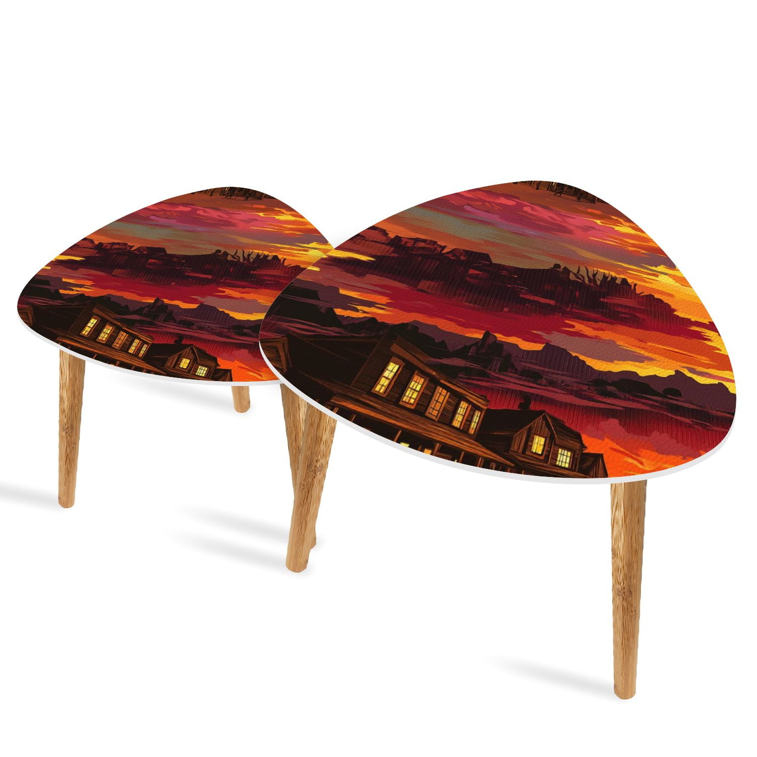 Triangle End Tables Set of 2 Silhouette Cowboys Western Comic Print ...