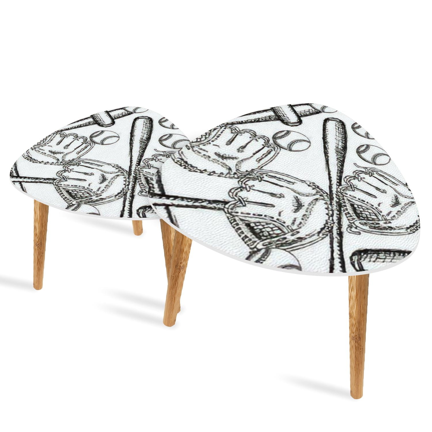 Triangle End Tables Set of 2 Sketch baseball ball bat glove vintage ...