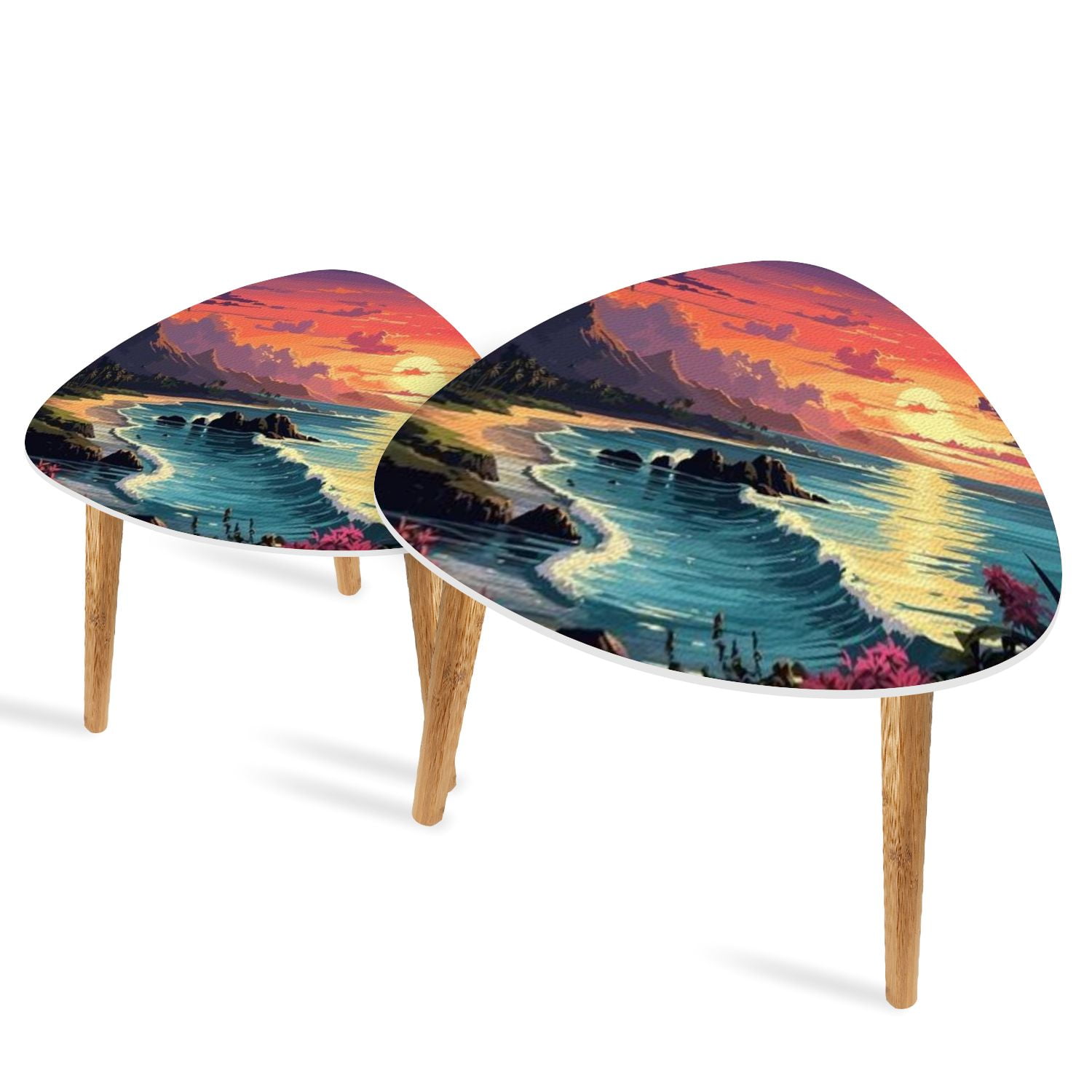 Triangle End Tables Set of 2 Sunset sunrise sea Big waves Bright warm ...