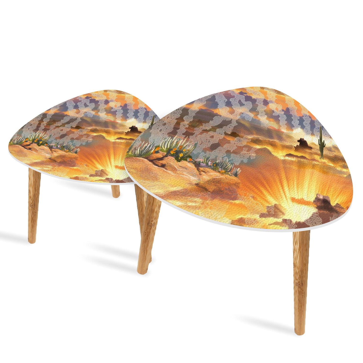Triangle End Tables Set of 2 Surreal Watercolor Desert Sunrise Cactus ...