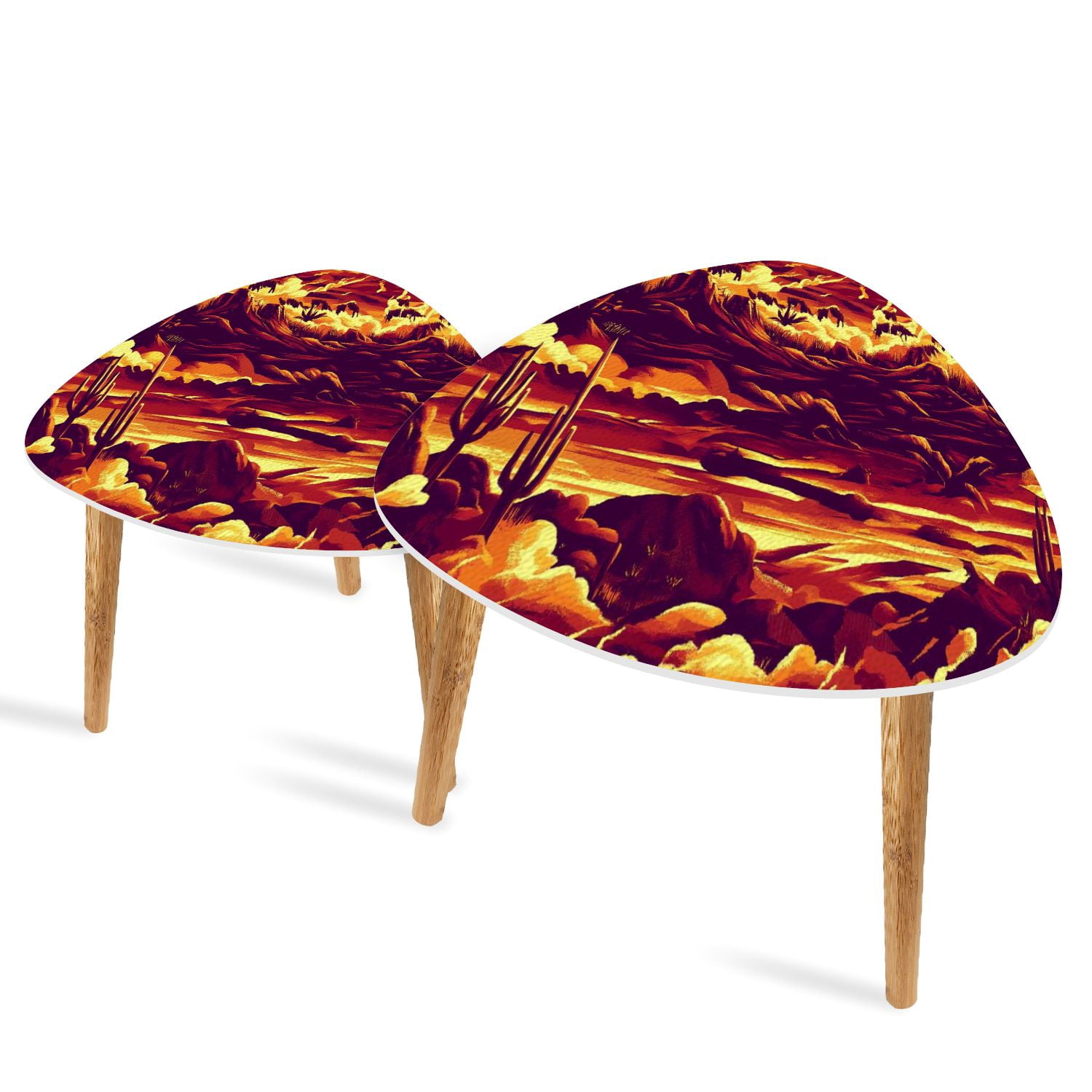 Triangle End Tables Set of 2 Surreal Western Sunset Art Horses Cacti ...