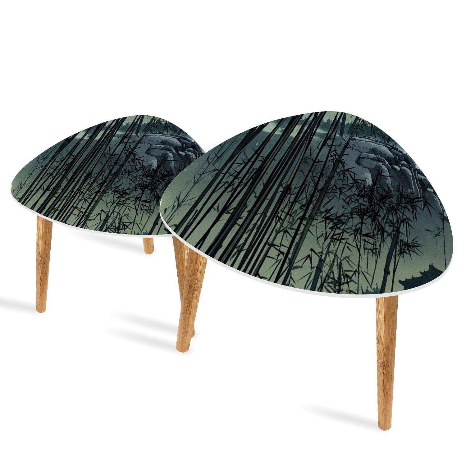 Triangle End Tables Set of 2 Temple Ruins Fine Ink Bamboo Art Small ...