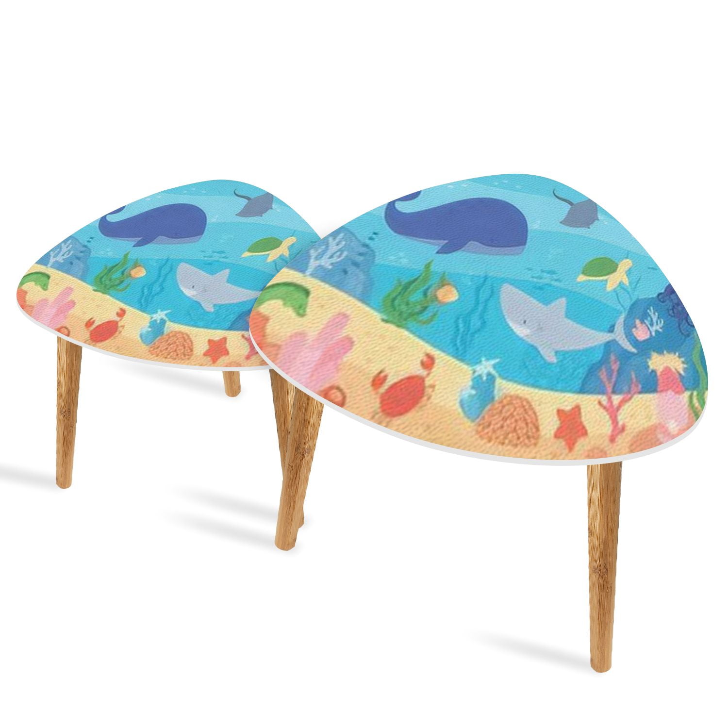 Triangle End Tables Set of 2 Underwater sea animals scene Ocean corals ...