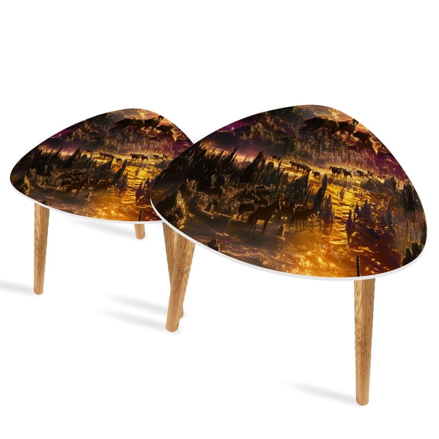Triangle End Tables Set of 2 Vibrant Gold Violet Western Landscape Art ...