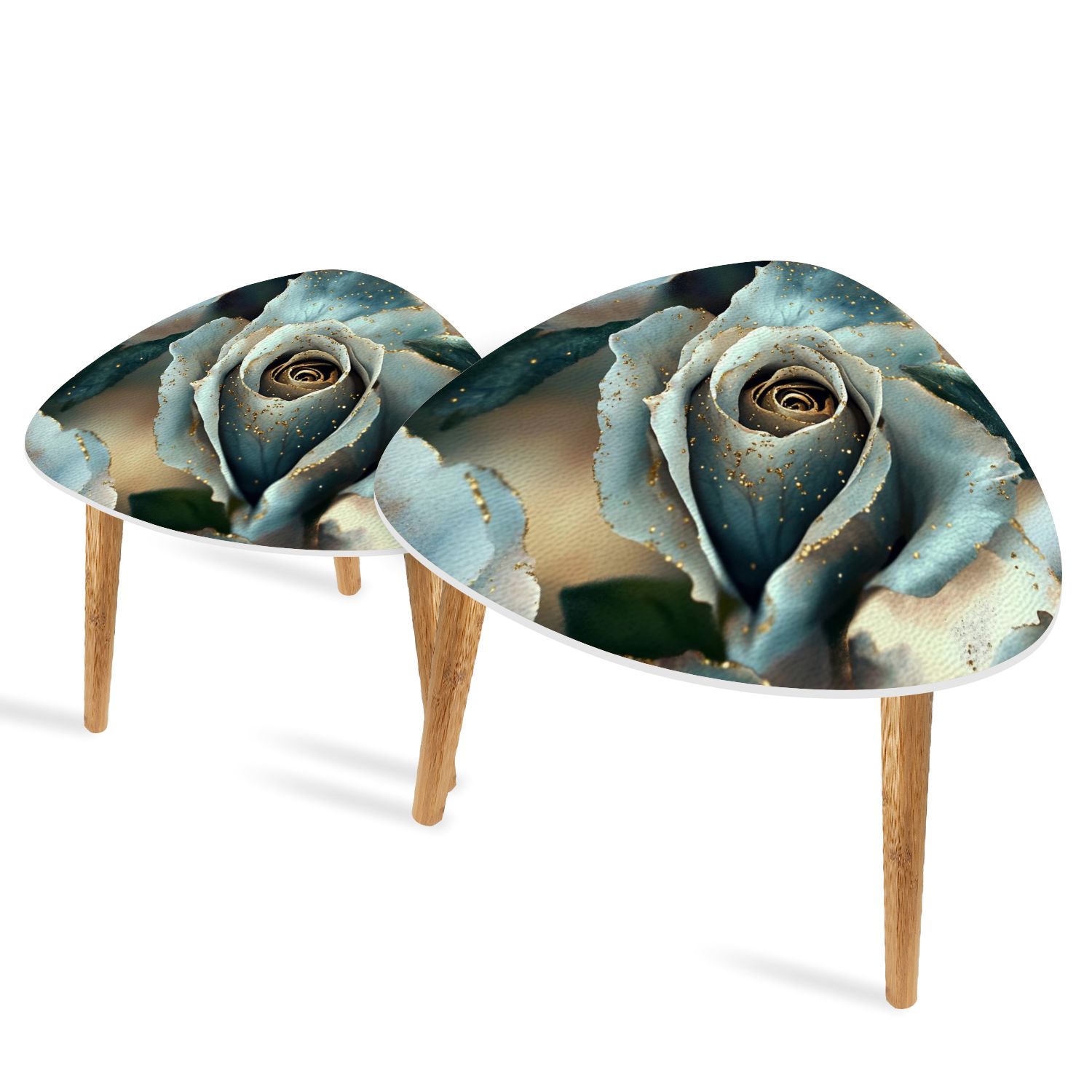 Triangle End Tables Set of 2 Vintage Rose Art Print Gold Glitter ...