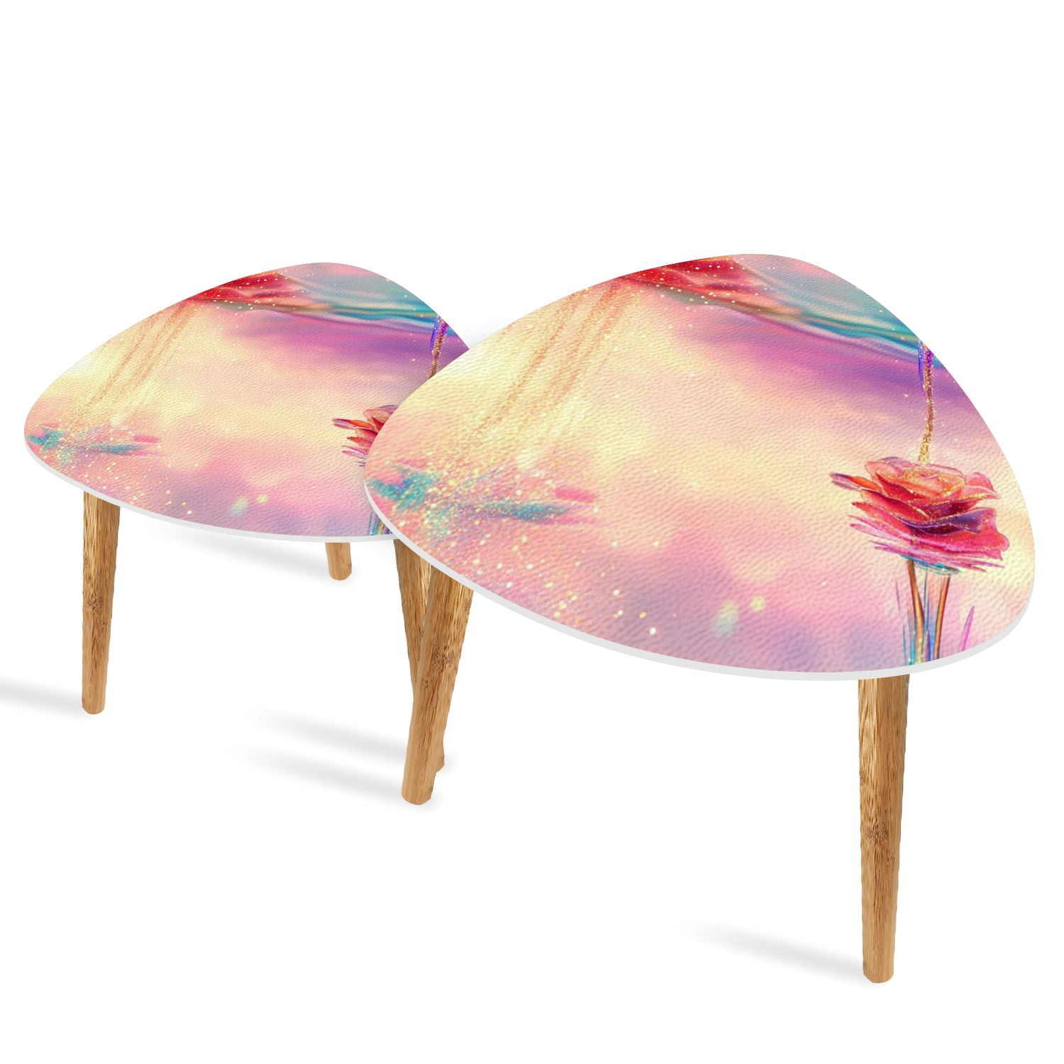 Triangle End Tables Set of 2 Vintage Rose Glittering Gold Pastel ...