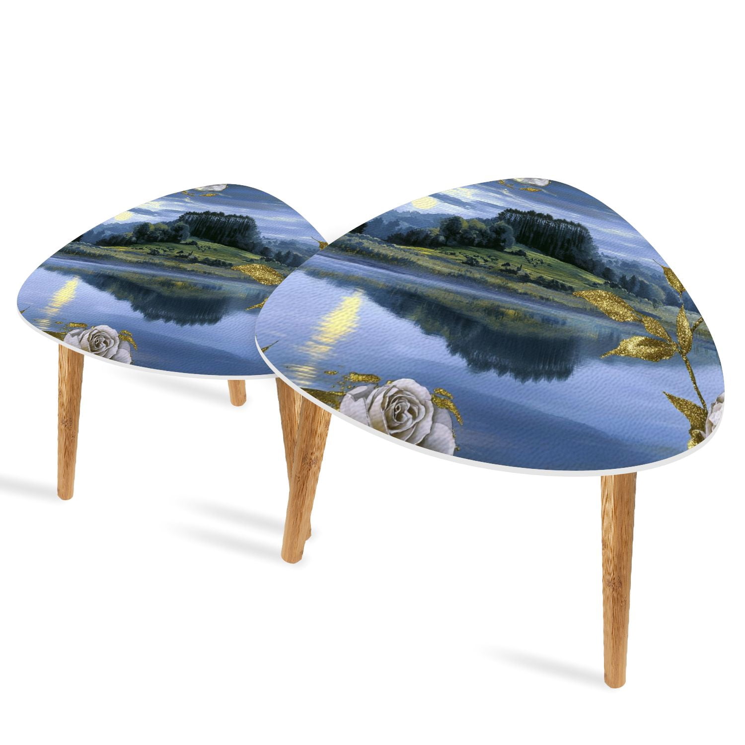 Triangle End Tables Set of 2 Watercolor Landscape Rose Lake under Gold ...