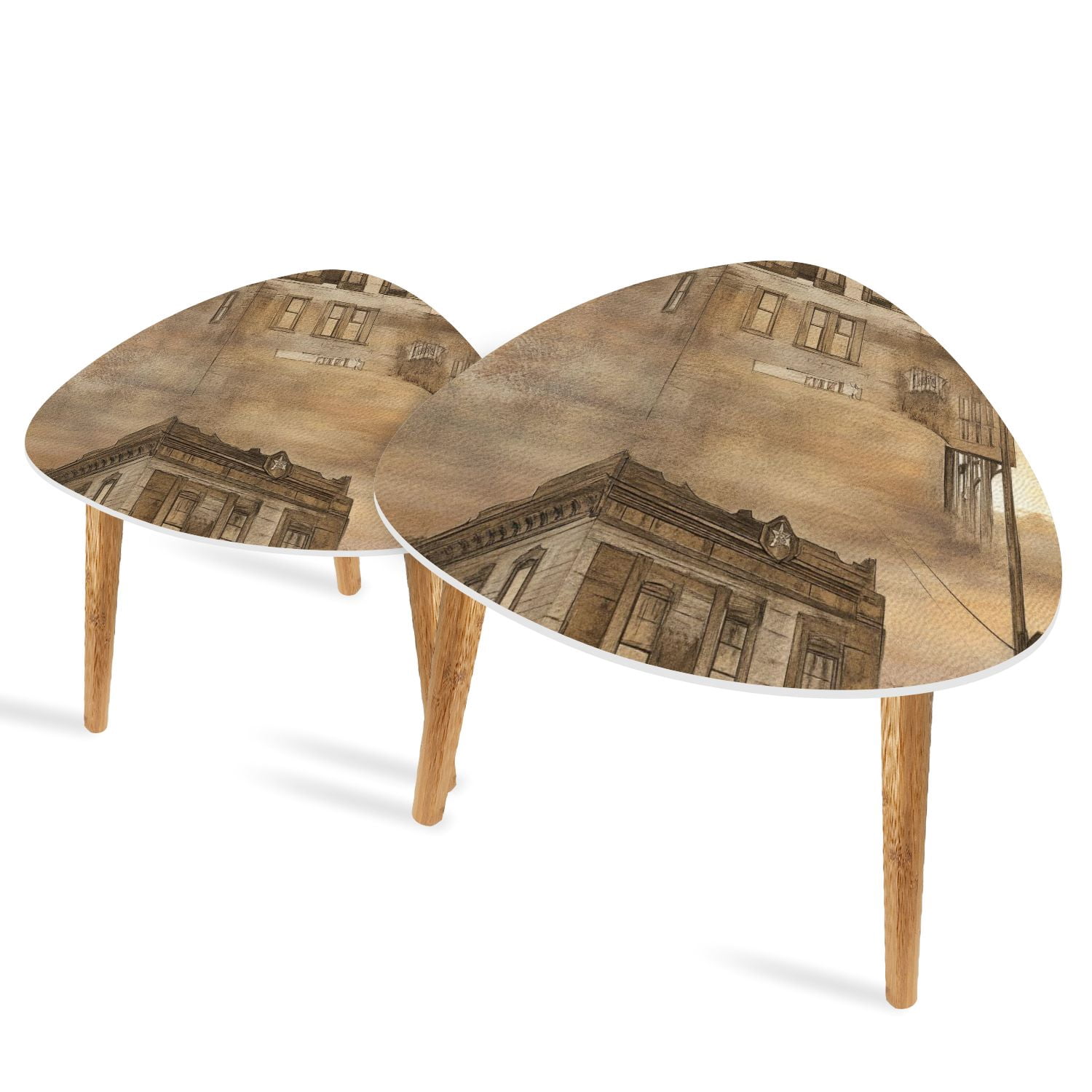 Triangle End Tables Set of 2 Western Office Illustration Soft Dawn Hues ...