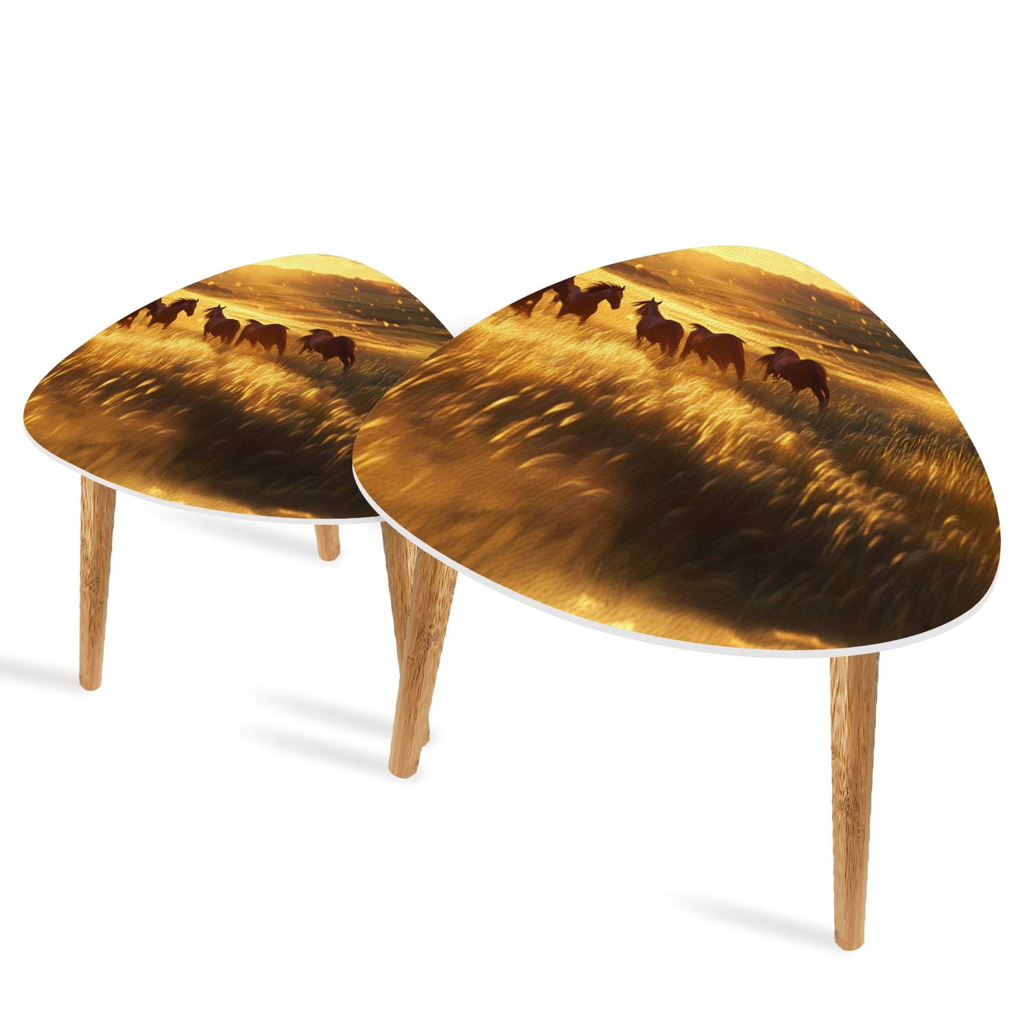 Triangle End Tables Set of 2 Wild Western Landscape Galloping Mustangs ...