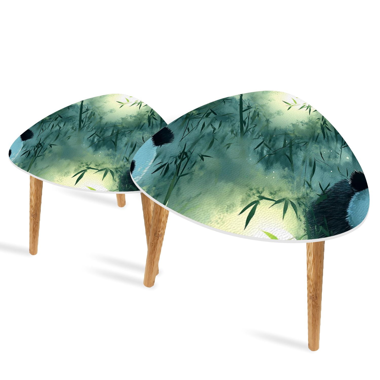 Triangle End Tables Set of 2 Wise Panda Ink Art Bamboo Forest Full Moon ...