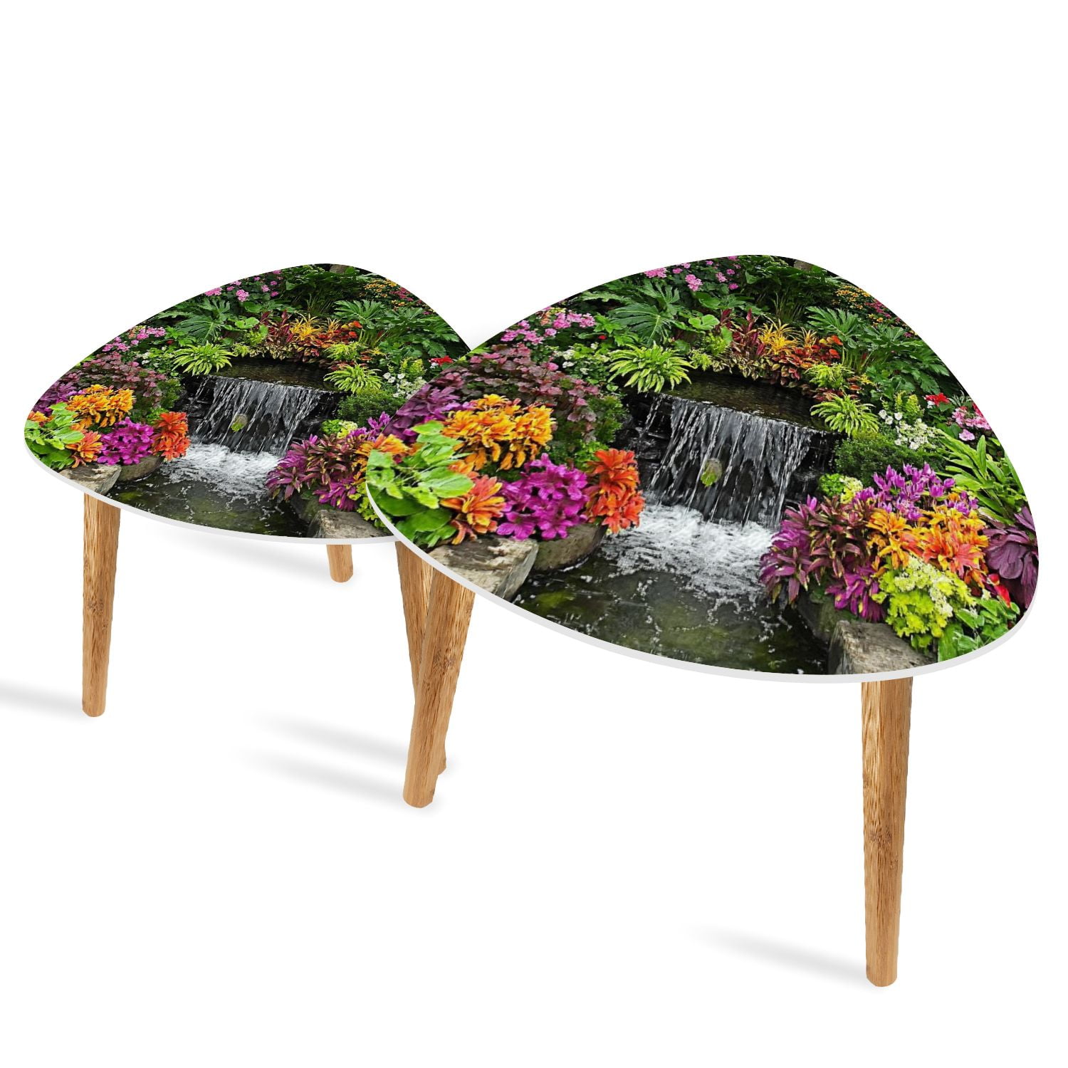Triangle End Tables Set of 2 colorful tropical garden waterfalls ...