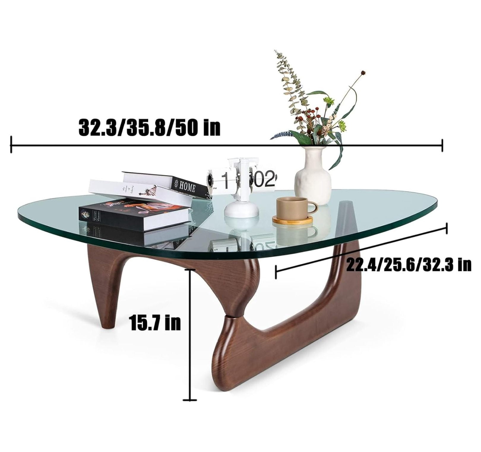 Triangle Glass Coffee Table--Century Modern End Table Solid Wood Base ...