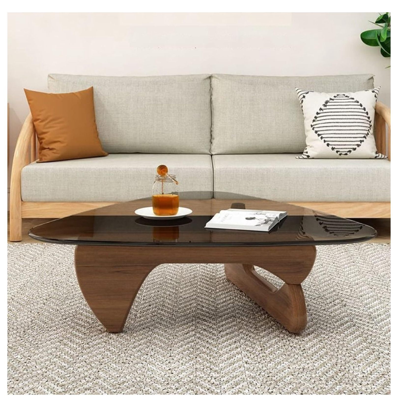 Triangle Glass Coffee Table--Century Modern End Table Solid Wood Base ...